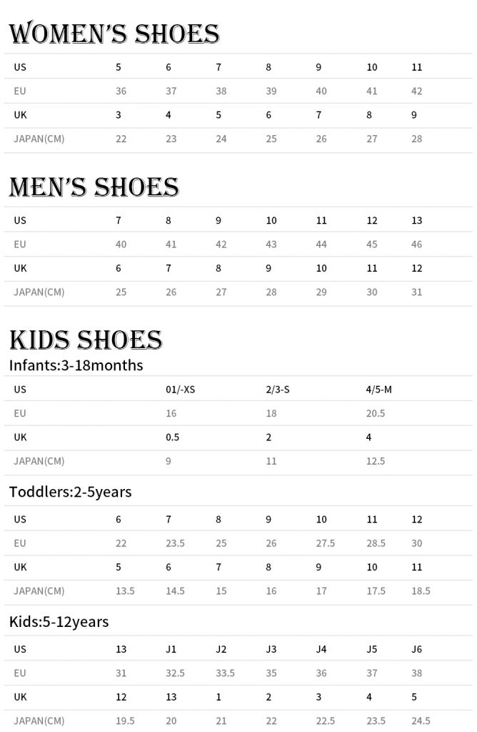 Slipper size, flip flop size, sandals size chart