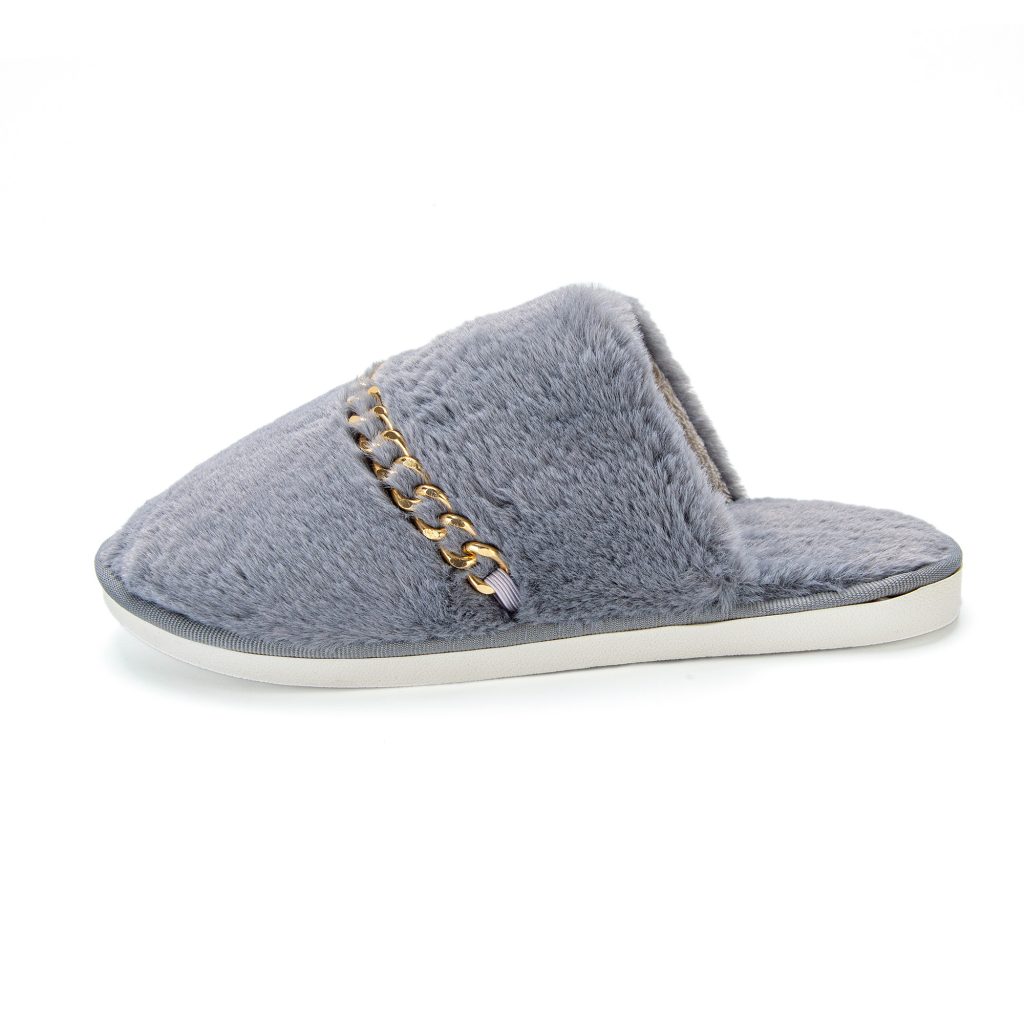 Flat furry fuzzy slippers with the chain